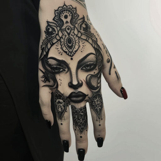 Dark and gritty hand tattoo for women with symbolic motifs – IMAGELLA