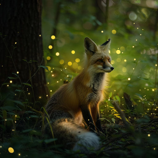White tail fox in the glow of forest fireflies display – IMAGELLA