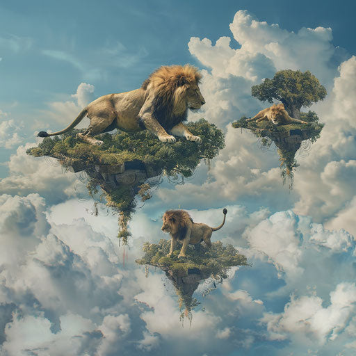 Floating lions on sky islands reaching out – IMAGELLA