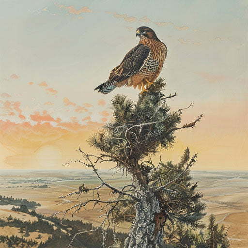 A Swainson's hawk perched majestically on a rugged, windswept pine ...