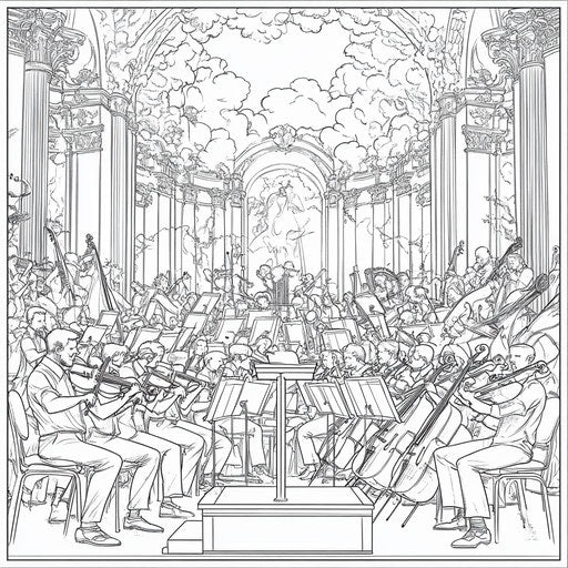 Classical orchestra performing, coloring book page – IMAGELLA