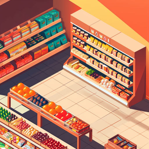 Realistic grocery store illustration on orange sunset backdrop – IMAGELLA