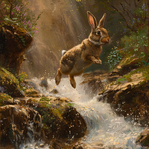 A rabbit making a daring leap over a babbling brook – IMAGELLA