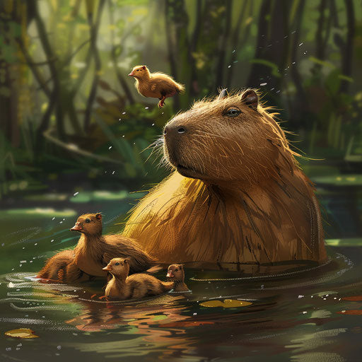 Capybara swimming with a family of ducks in the style of Vincent Munier ...