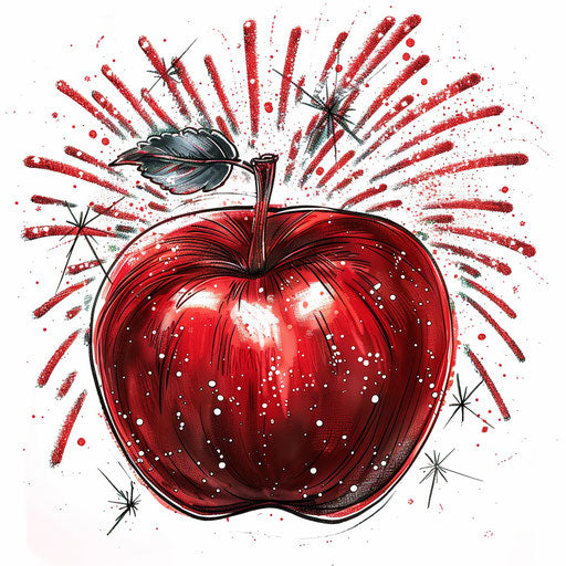 Festive apple surrounded by fireworks in red and silver – IMAGELLA