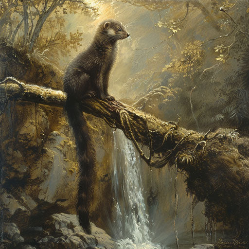 Wild mink perched precariously on a thin branch overhanging a forest ...