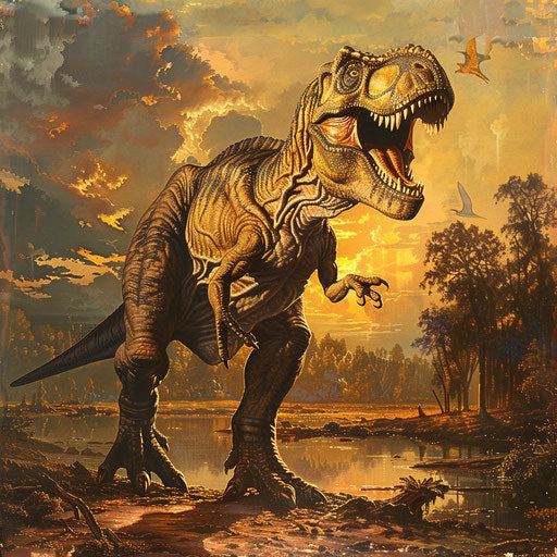 T-rex in a golden primeval landscape at dusk – IMAGELLA