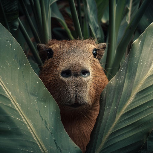 Playful capybara peeking from behind a large leaf – IMAGELLA