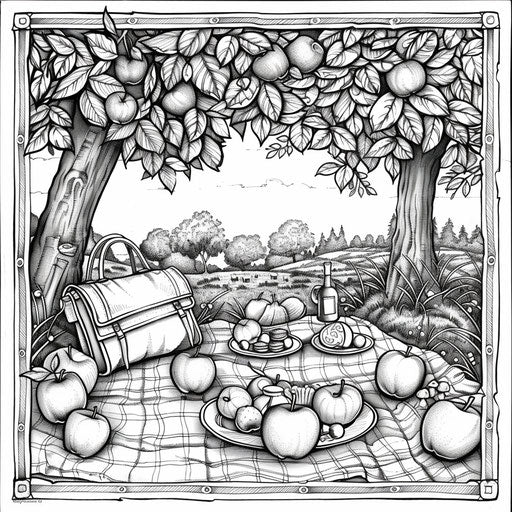Apple orchard scene with picnic setup and blanket – IMAGELLA