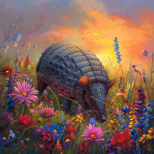 An armadillo foraging in a vibrant wildflower meadow at sunrise – IMAGELLA