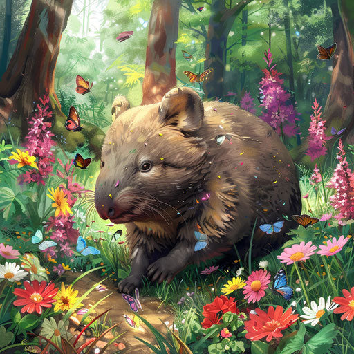Wombat playing and chasing butterflies in wildflower garden – IMAGELLA