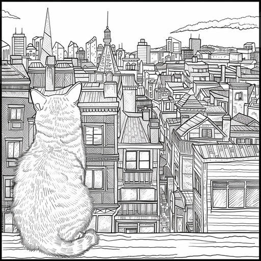 Kitty exploring city rooftops in Stephen Wiltshire style Coloring book ...