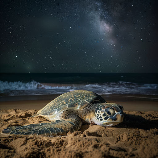 The olive ridley sea turtle lays eggs on a sandy beach under the starry ...