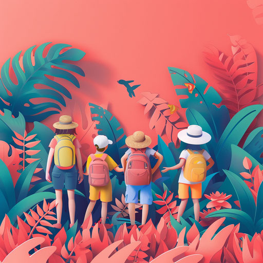 Realistic field trip illustration on vibrant coral background – IMAGELLA