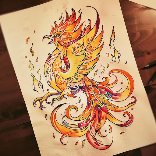 Sketch of a mystical phoenix rising from flames, fiery colors and bold ...