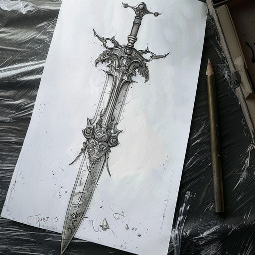 Detailed sketch of a silver sword with fine lines and subtle shading ...