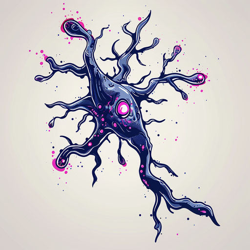 Flat clipart style tattoo sketch of a neuron with bright purple and ...
