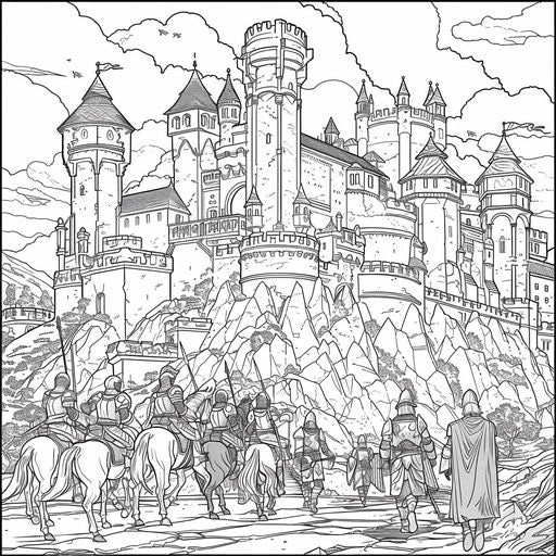 Knights defending a grand castle - Coloring book page – IMAGELLA
