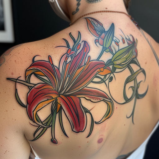 Neo-traditional spider lily tattoo with bold outlines and vibrant ...