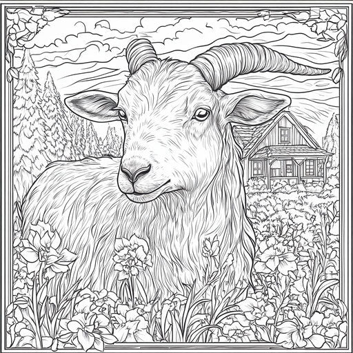 Goat with cozy cottage, Jan Brett style – IMAGELLA