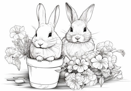 Two bunnies on a flower pot coloring page – IMAGELLA