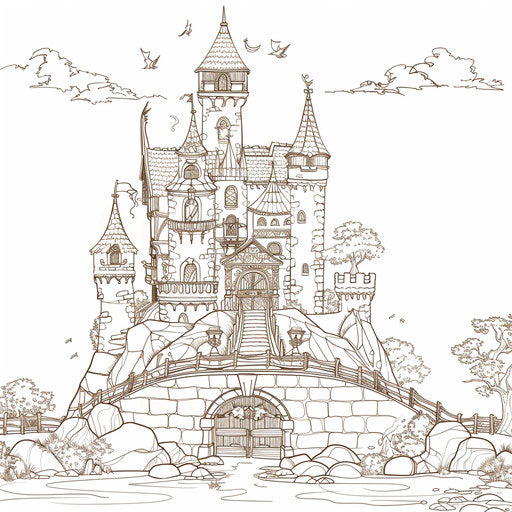 Enchanted castle with knights in Spirin style, coloring page – IMAGELLA