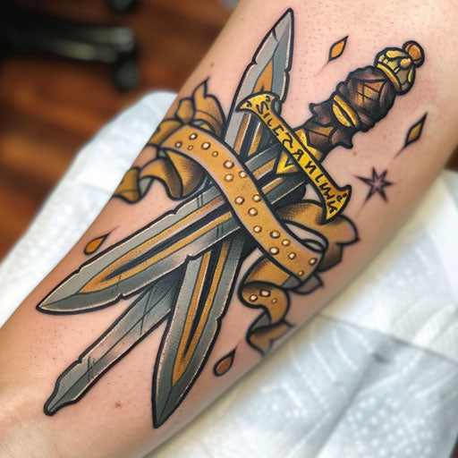 Neo-traditional tattoo of crossed swords on white background – IMAGELLA