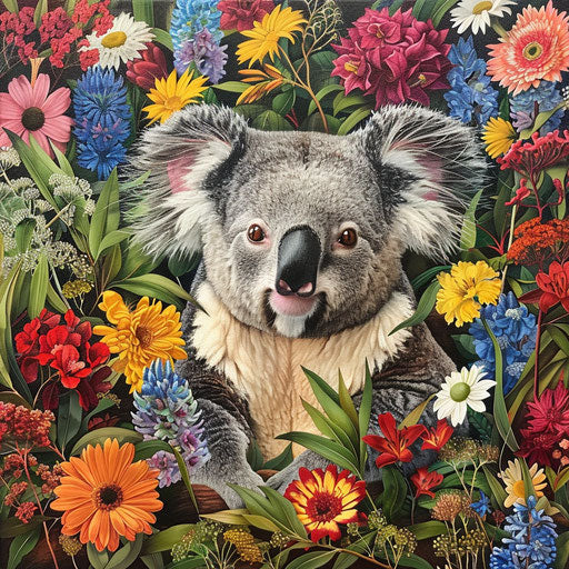 Koala surrounded by a burst of spring flowers, showcasing the ecosystem ...