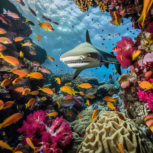 Bull shark exploring a vibrant coral reef with colorful fish – IMAGELLA