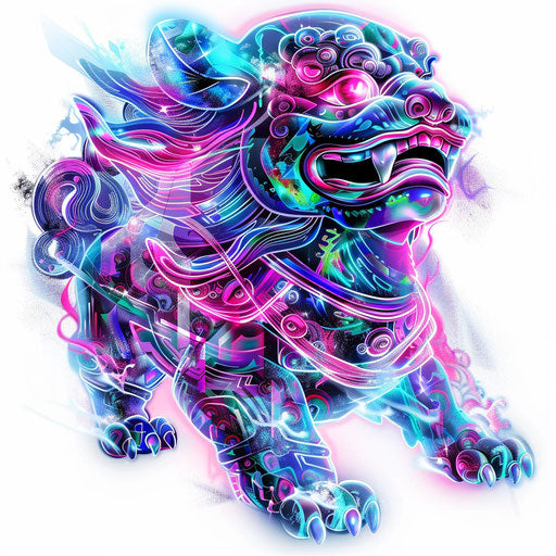 Futuristic foo dog tattoo with neon colors and digital elements – IMAGELLA