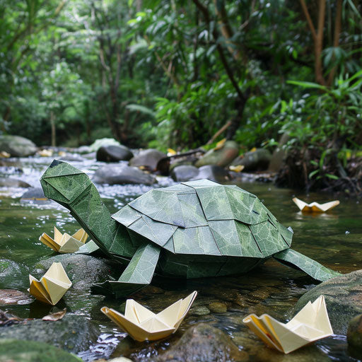 Origami paper turtle by stream with paper boats – IMAGELLA