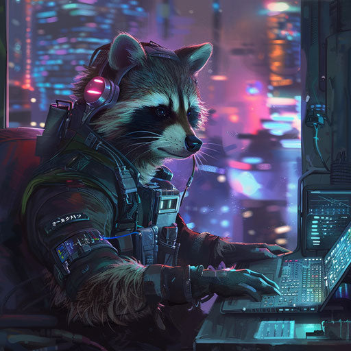 A cyberpunk raccoon hacker infiltrates a futuristic corporation. – IMAGELLA