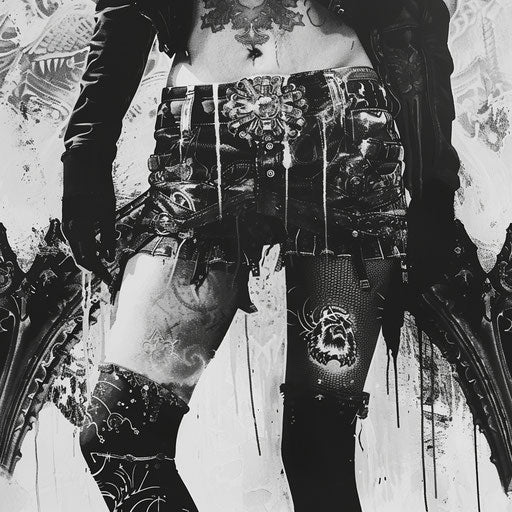 Snowboarding shorts with thermal layers, gothic art style in black and ...