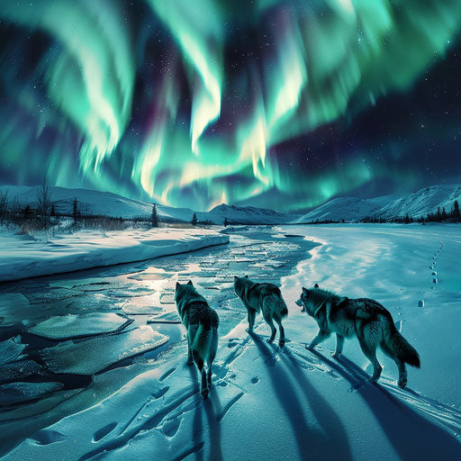 Wolves crossing a frozen river under the northern lights – IMAGELLA