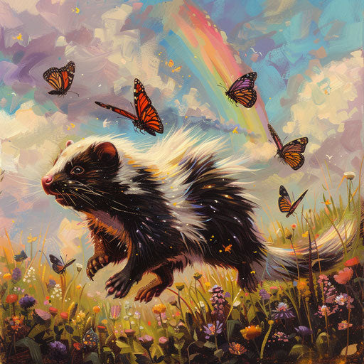 A playful eastern spotted skunk chasing after butterflies in a field of ...