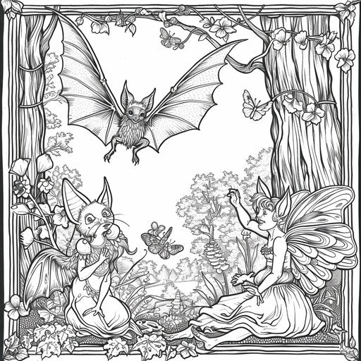 Whimsical bat playing with fairies in an enchanted forest – IMAGELLA