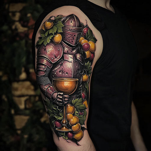 tattoos and booze with a knight drinking from a goblet on the upper arm ...