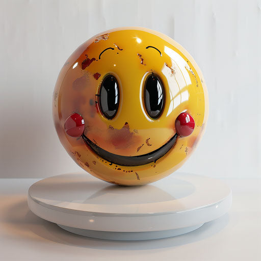 Hyper-realistic 3D rendered smiley face tattoo design on white stage ...