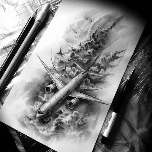 Dark gothic tattoo sketch of a mysterious ghost plane in the clouds ...