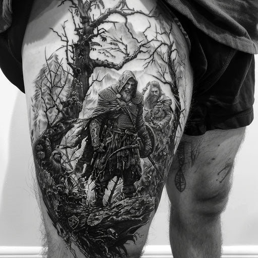 Thigh tattoos for men with dark gritty scenes from fantasy lore – IMAGELLA