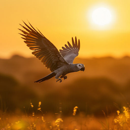 African grey parrot flying over the Serengeti – IMAGELLA