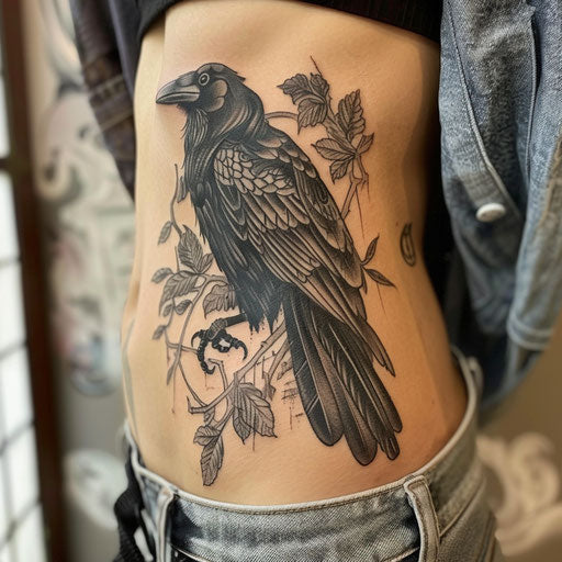 Rib tattoos of a gothic raven, in the style of Gerald Brom, on the ribs ...