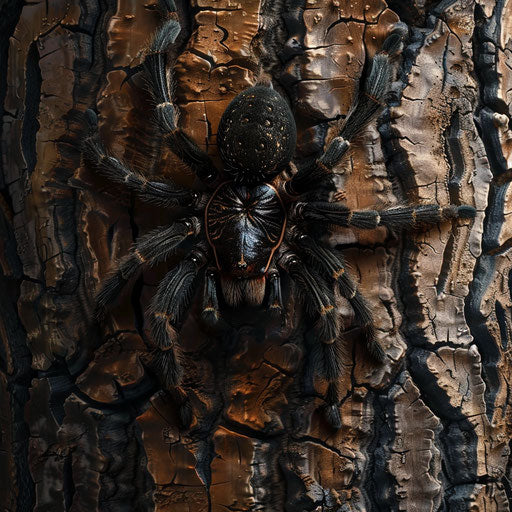Tarantula climbing a tree with intricate bark patterns – IMAGELLA