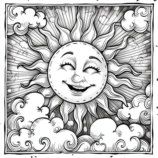 A cheerful sun with smiling clouds in the style of Teagan White ...