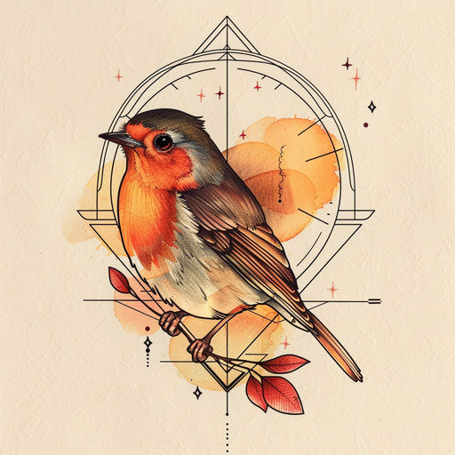 Stylish flat tattoo drawing of a robin with Art Deco background ...