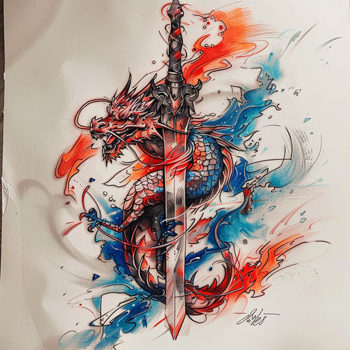 Creative tattoo sketch of a dragon curling around a sword, dynamic reds ...