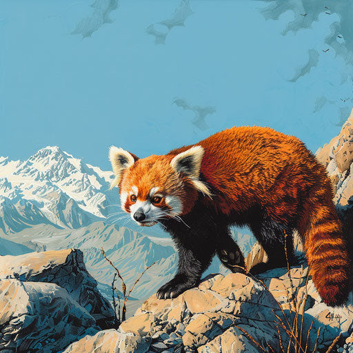 Red panda exploring rocky terrain with mountain backdrop – IMAGELLA