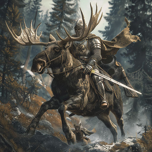 Knight riding a battle-ready moose into a medieval scene – IMAGELLA