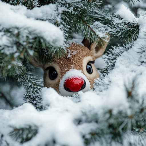Rudolph hiding behind a snow-covered pine tree, his red nose ...