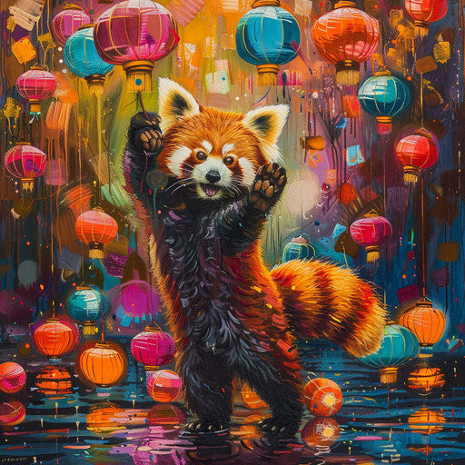 Vibrant painting of a red panda dancing at festival with colorful ...